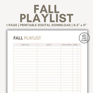Fall Playlist Planner Printable Template PDF, Autumn Playlist, Song ...