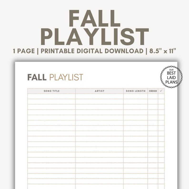 Fall Playlist Planner Printable Template PDF, Autumn Playlist, Song ...