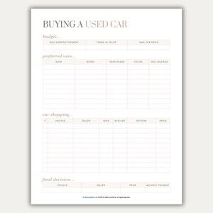 Buying a Used Car Planner Printable PDF, Life Planning Page Printable ...