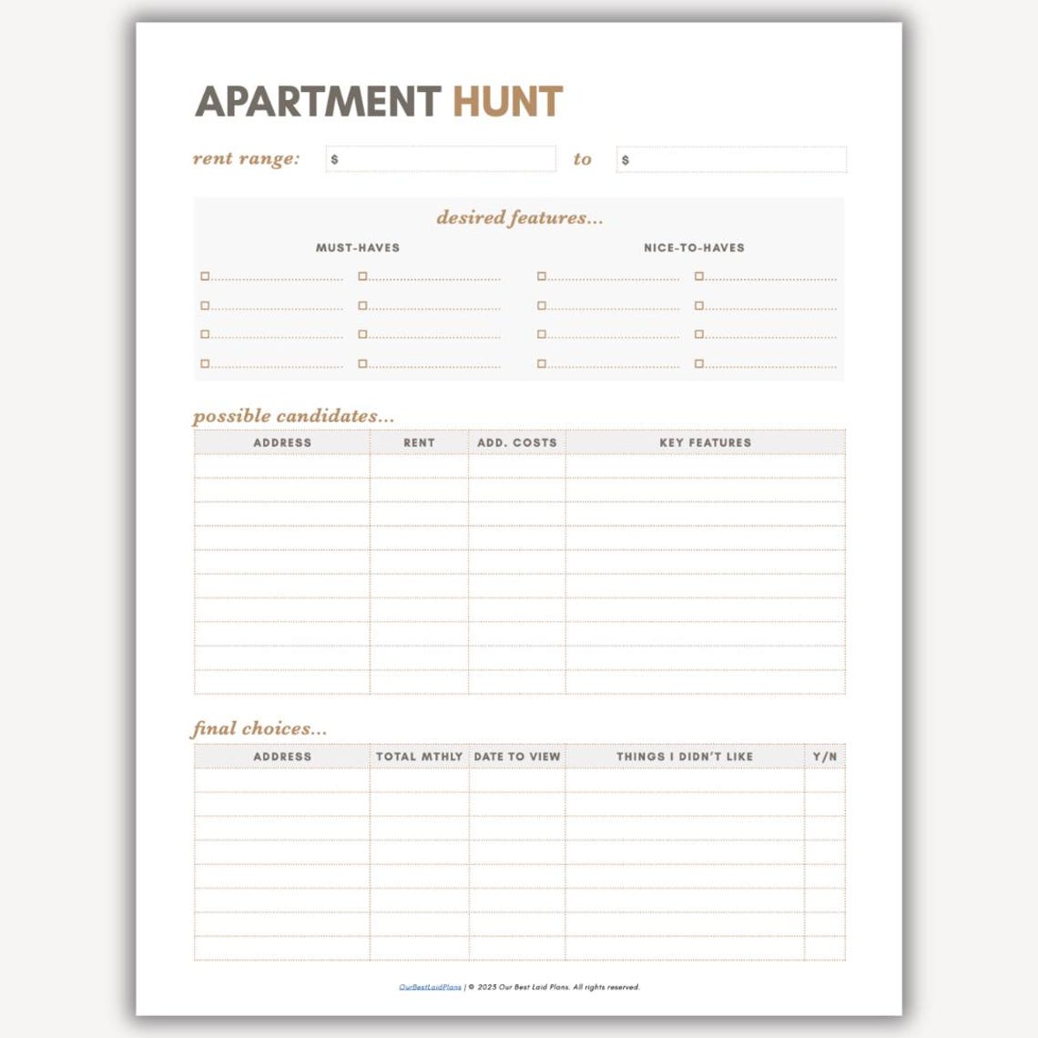 Apartment Hunt Planner Page Apartment Tracker Apt Hunting List Rental ...