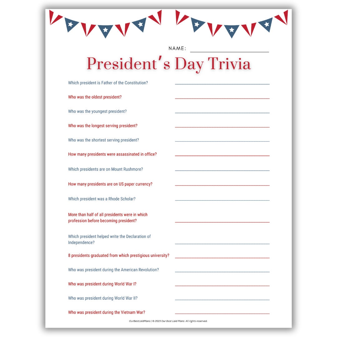 Presidents Day Trivia Questions Printable US Presidents Day Quiz ...