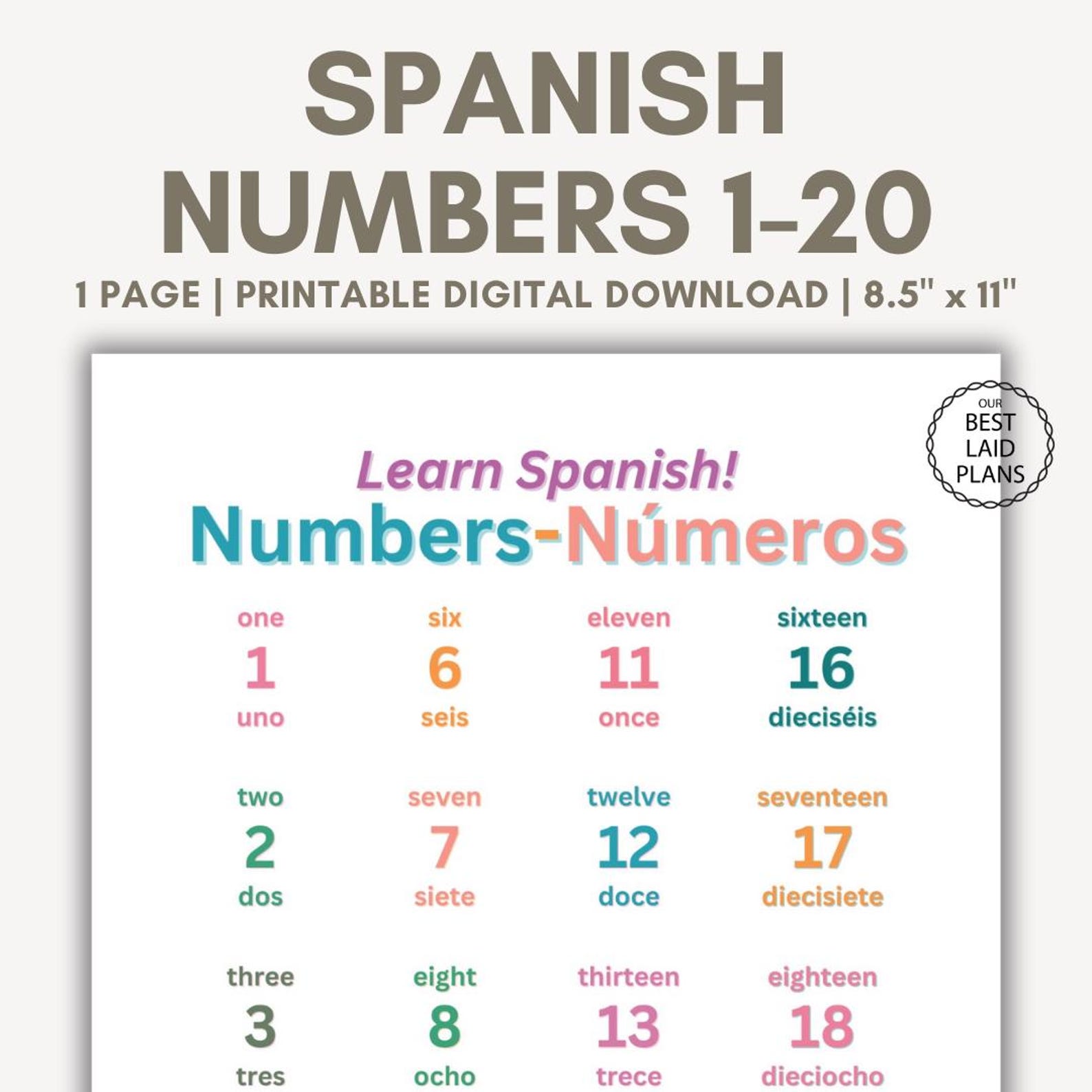 Spanish Numbers Printable Numbers 1-20 in Spanish English to Spanish ...