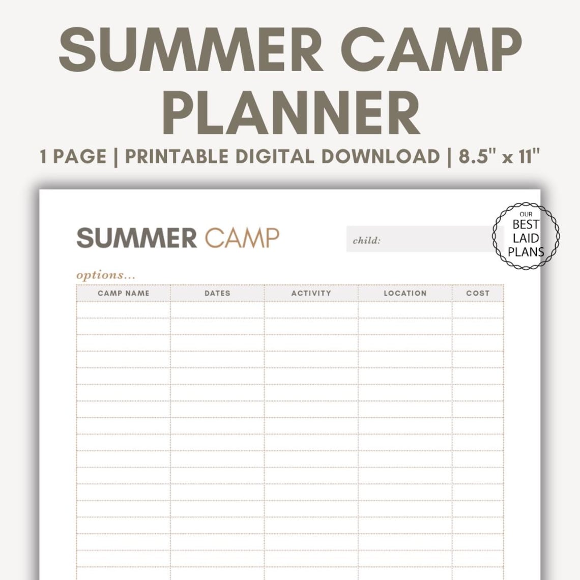 Summer Camp Planner Printable PDF, Summer Camp, Summer Planning Ideas ...