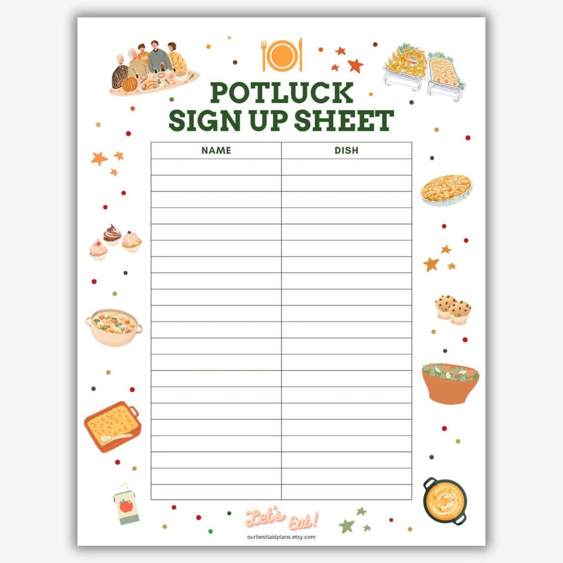 Church Potluck Sign up Sheet Printable PDF Sign up Sheet for Potluck ...