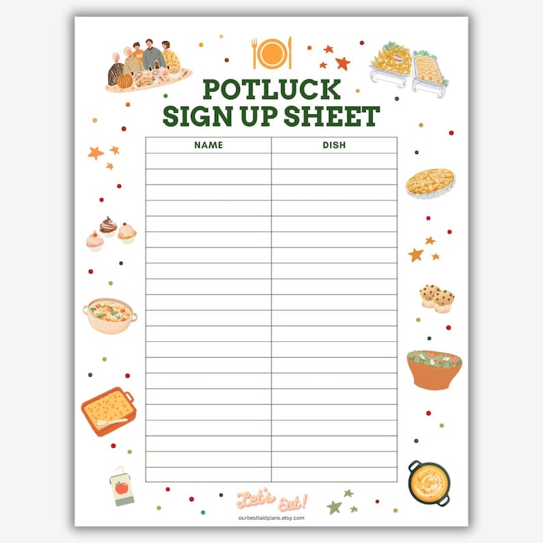Church Potluck Sign up Sheet Printable PDF Sign up Sheet for Potluck ...