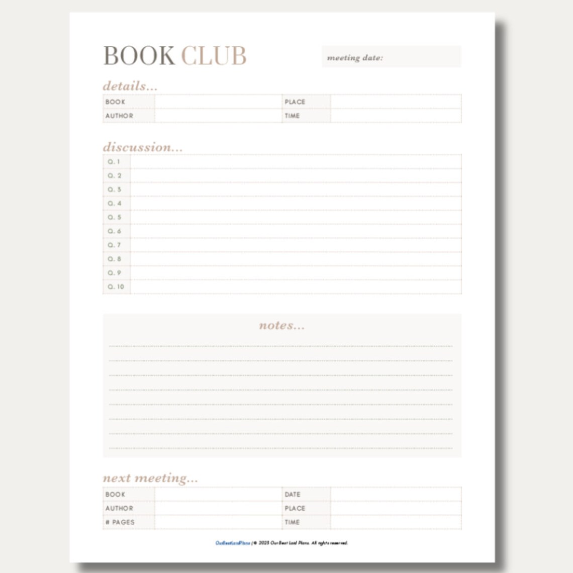 Book Club Meeting Planner One Page Planning Page Printable PDF Book ...