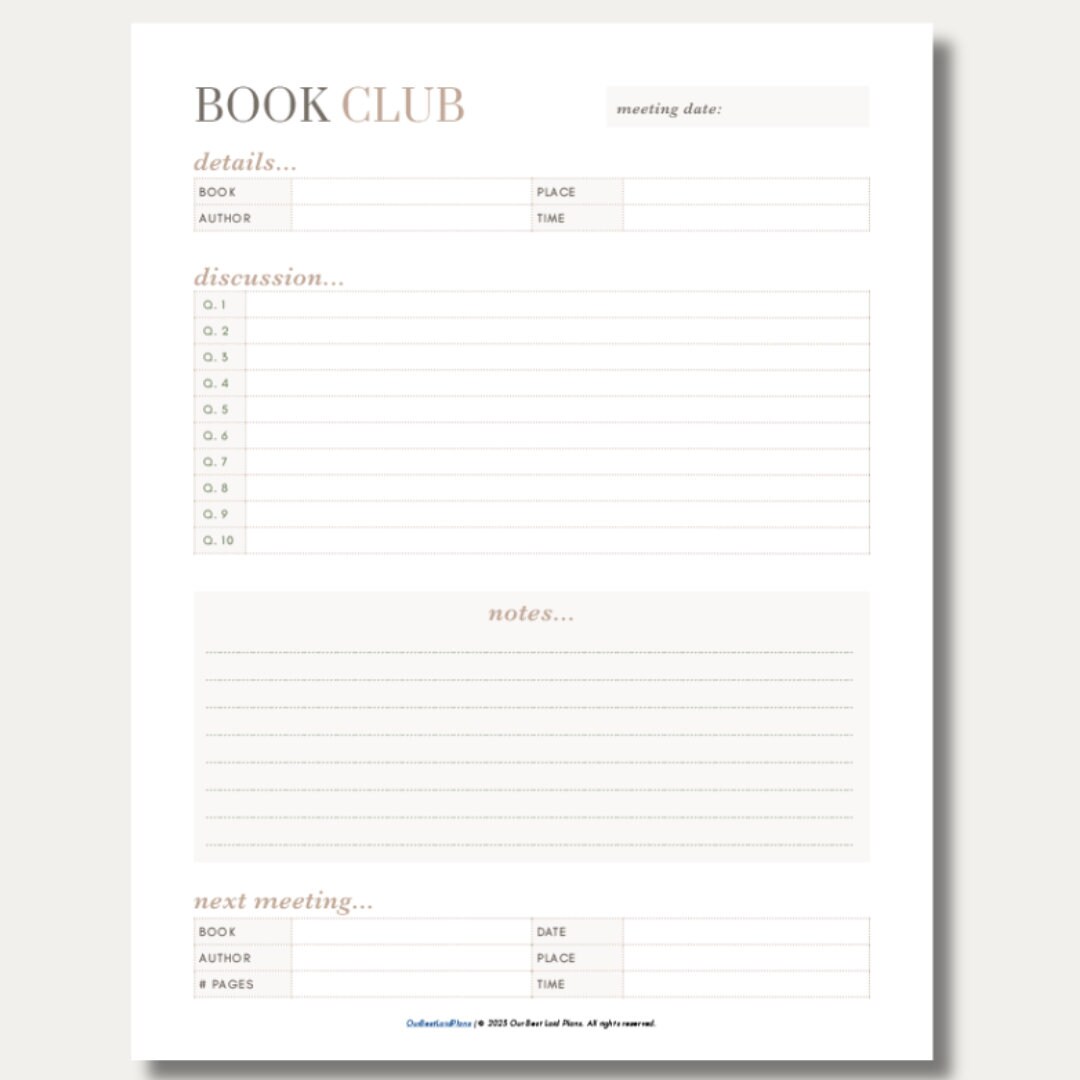 Book Club Meeting Planner One Page Planning Page Printable PDF Book ...