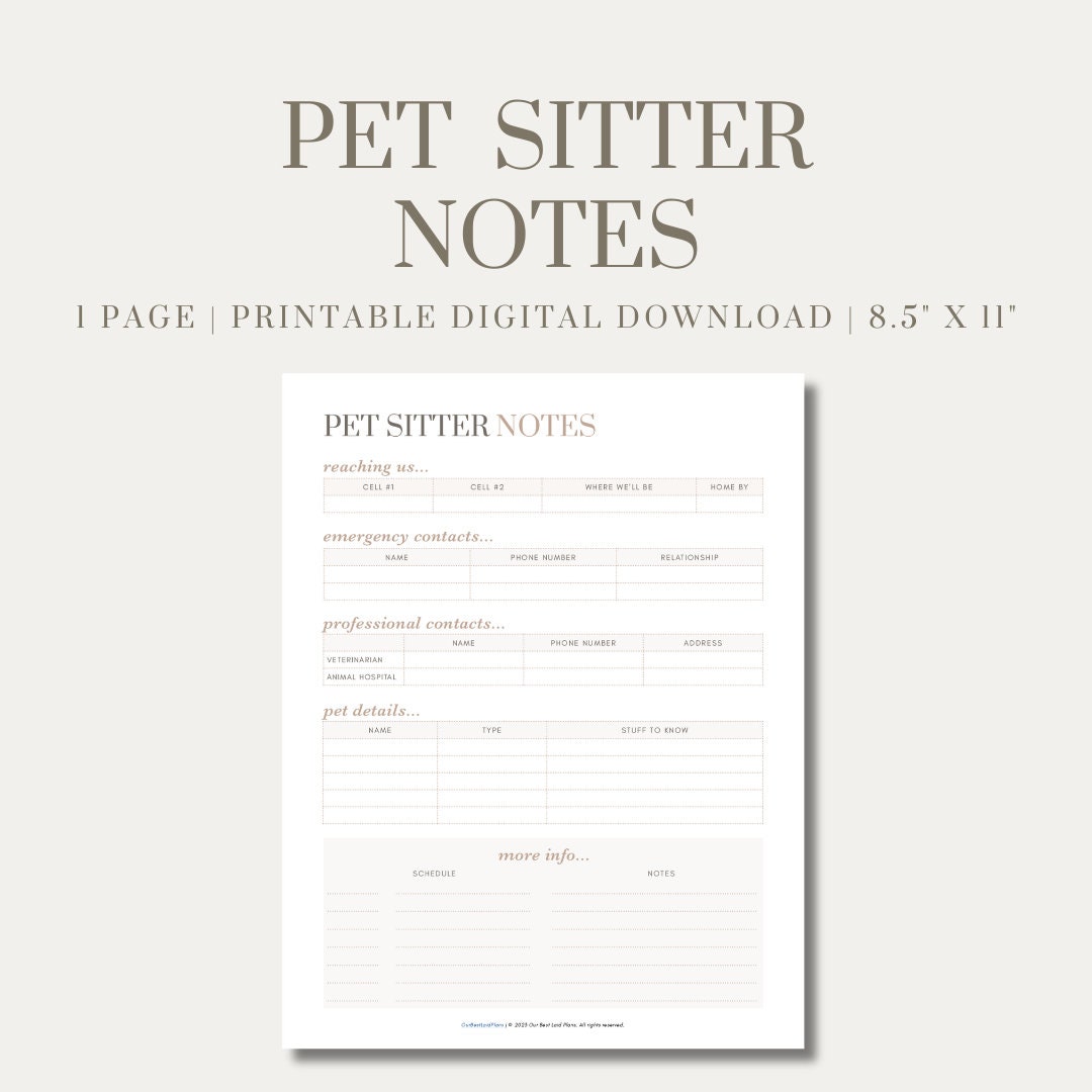 Pet Sitter Notes Printable PDF Pet Sitting Planner Printable - Etsy