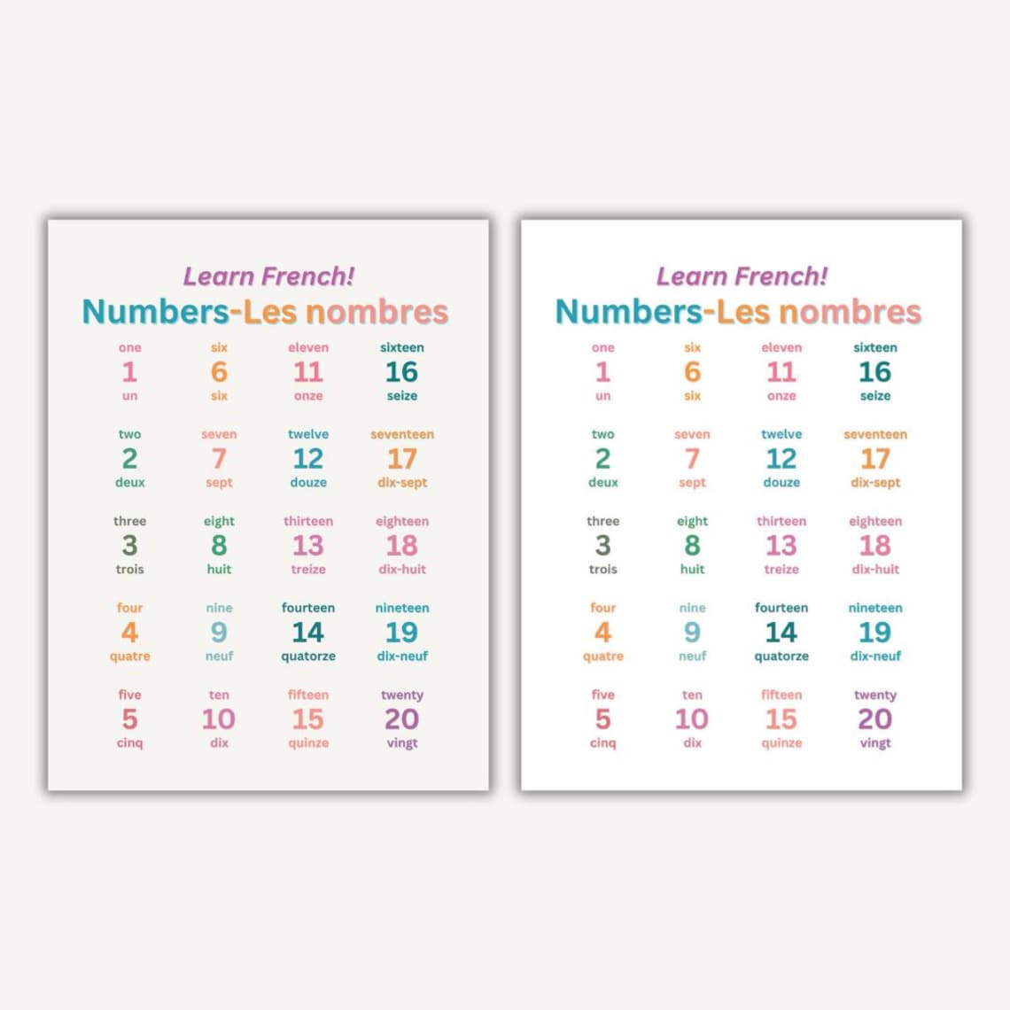French Numbers Chart Printable Numbers 1-20 in French English to French ...
