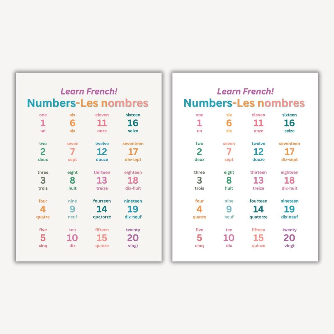 French Numbers Chart Printable Numbers 1-20 in French English to French ...