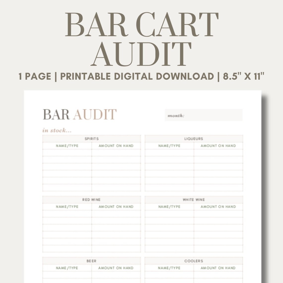 Bar Audit Printable PDF Home Bar Inventory Checklist Bar Restock Bar ...