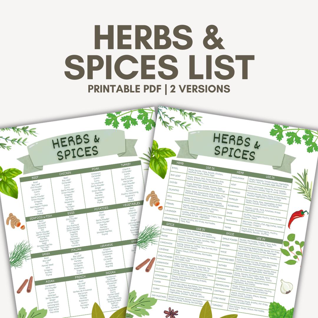 Herbs and Spices Chart Printable, Herbs and Spices for Cooking, List of ...