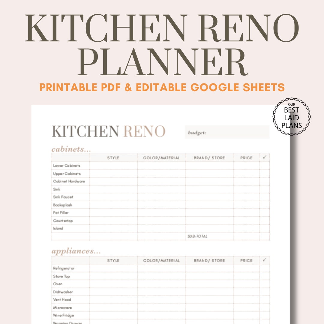Kitchen Renovation Planner Printable PDF Google Sheets Editable Kitchen ...