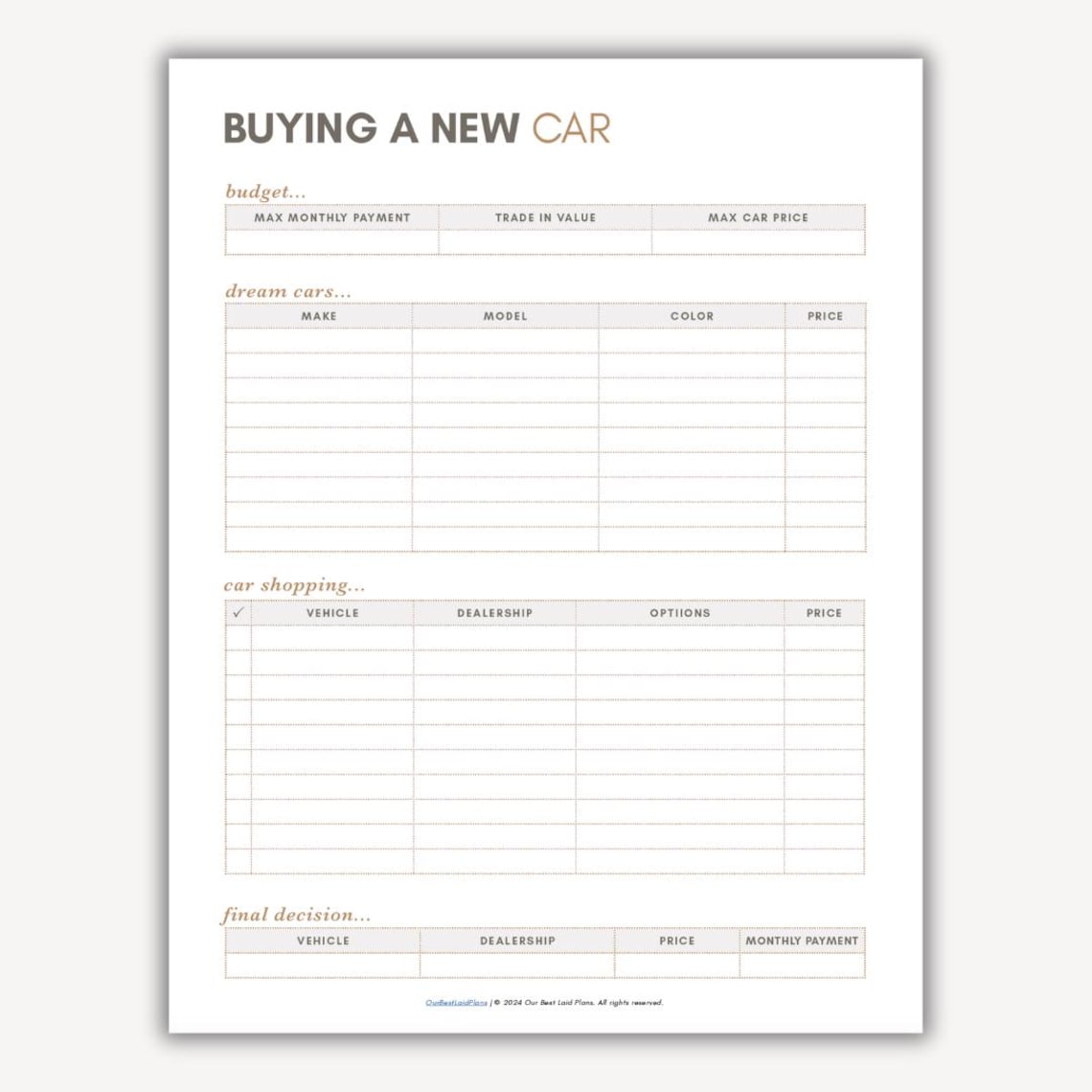 Buying a New Car Planner Printable PDF Life Planner Printable 2024 New ...