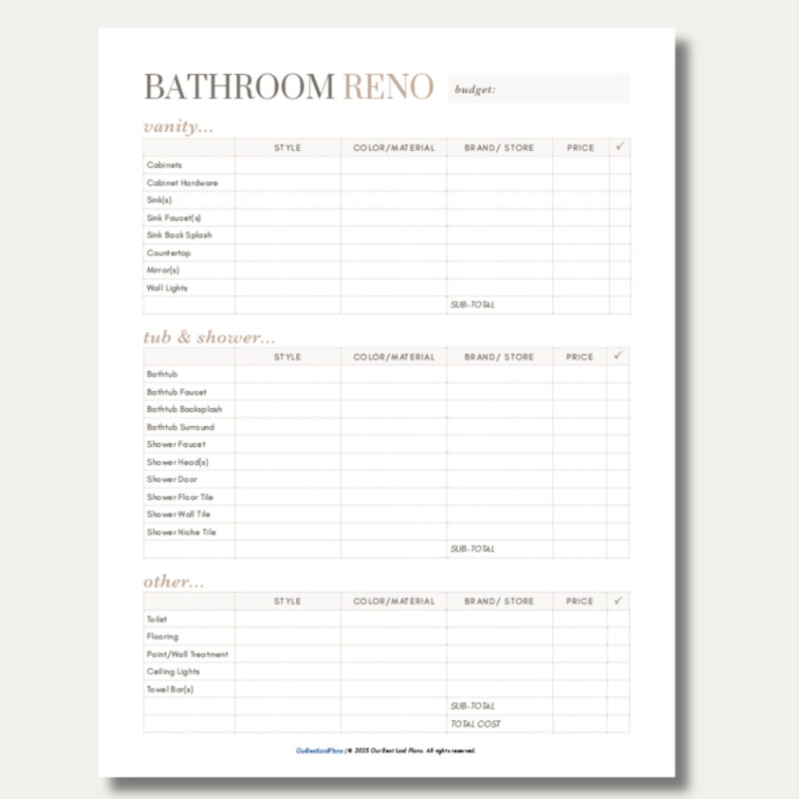 Bathroom Renovation Planner Printable PDF Google Sheets Editable ...