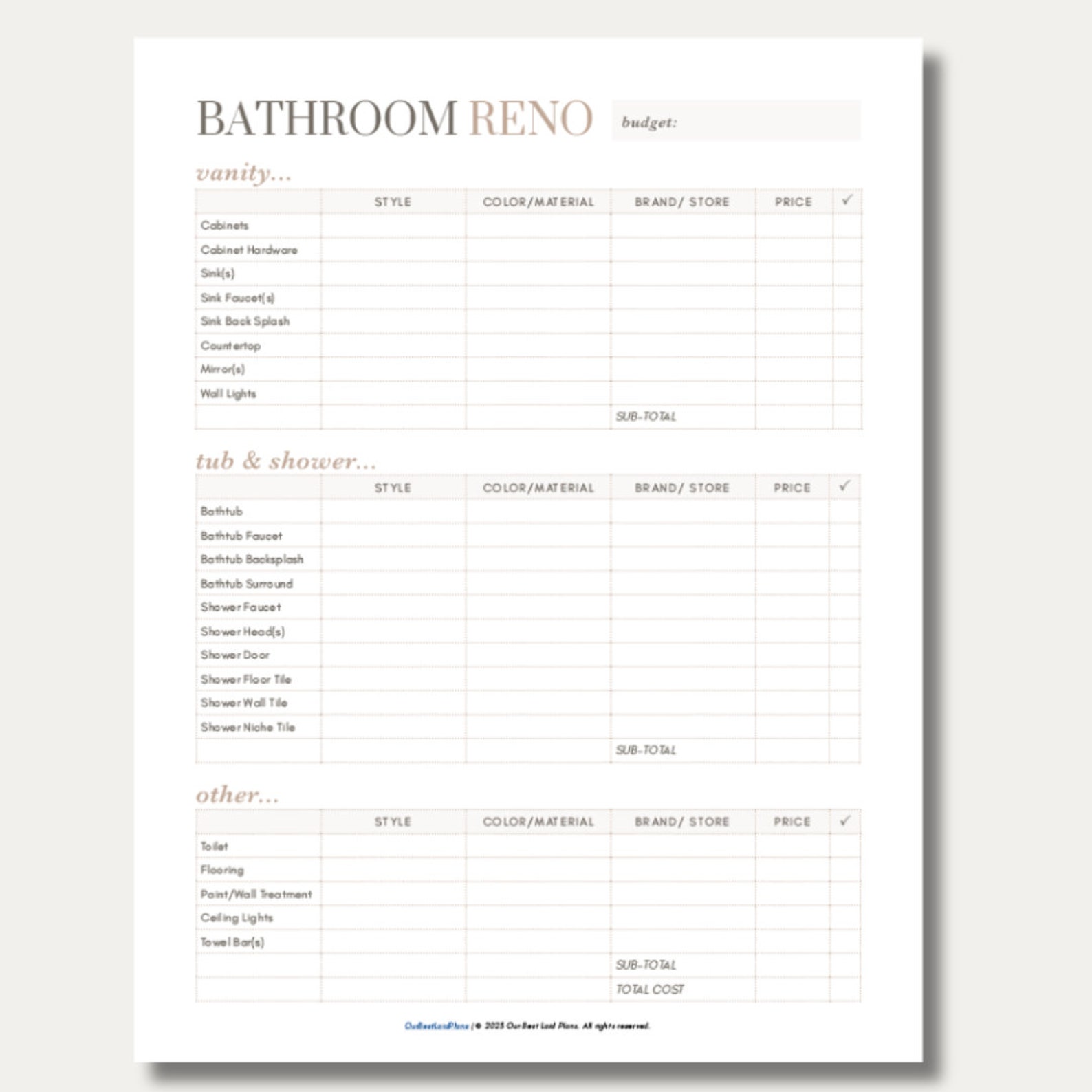 Bathroom Renovation Planner Printable PDF Google Sheets Editable ...
