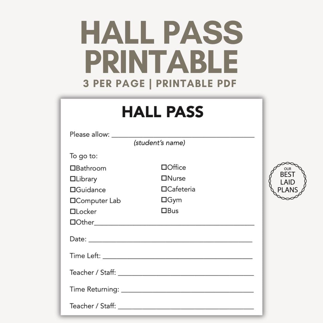 Hall Pass Template, Hall Pass Printable PDF, Bathroom Passes Template ...