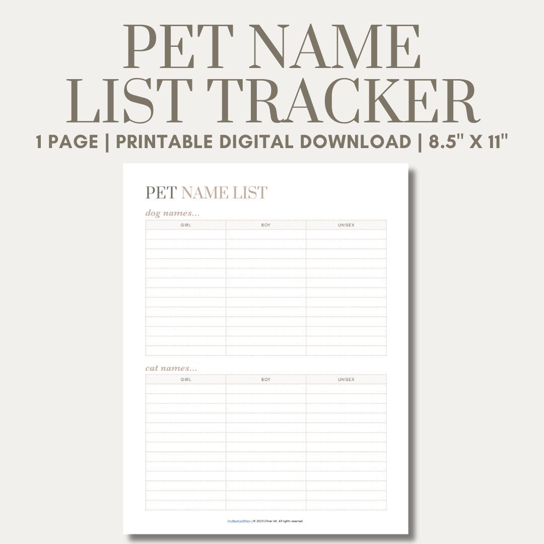 Pet Name Tracker Pet Name List Printable Favorite Things - Etsy