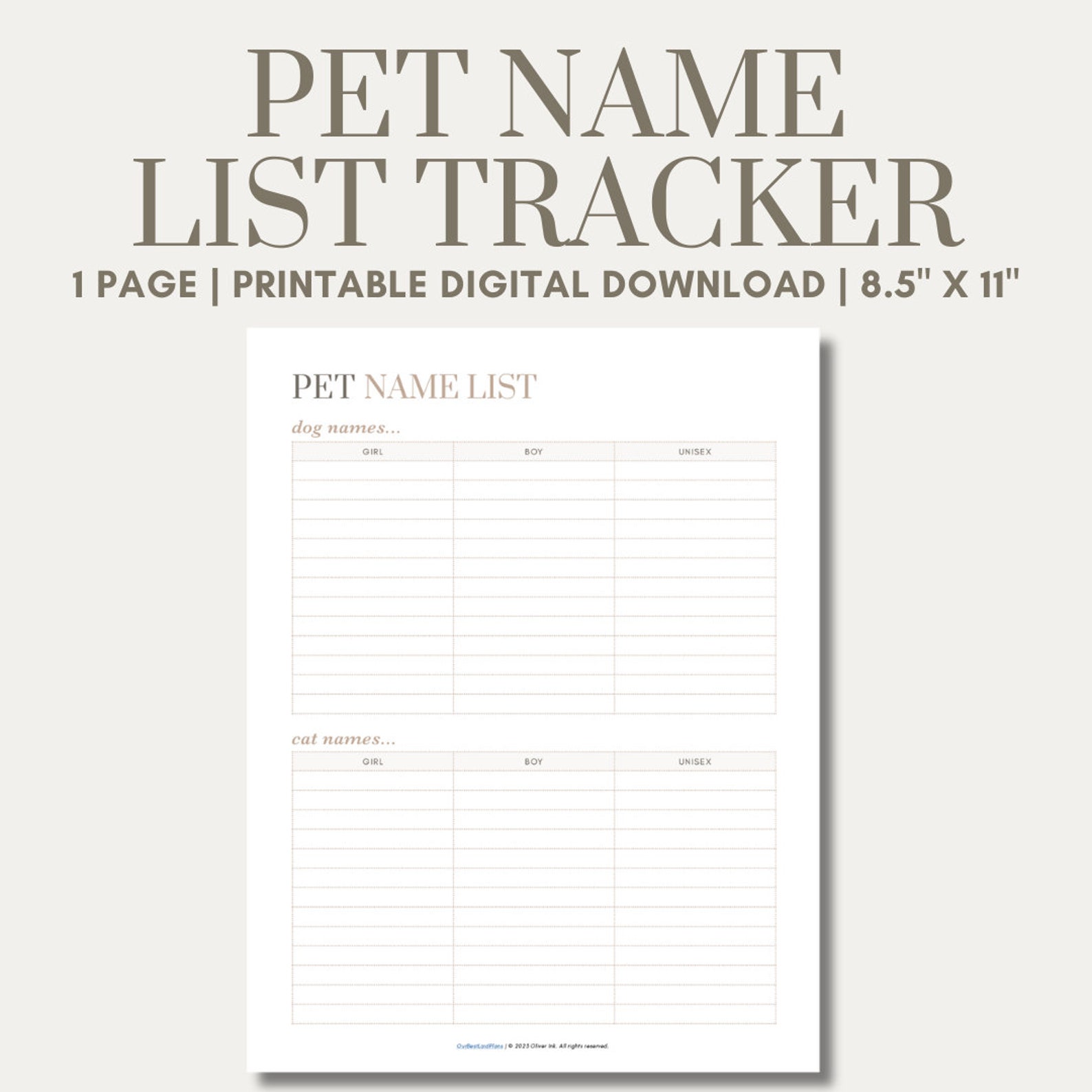 Pet Name Tracker Pet Name List Printable Favorite Things List Dog Name ...