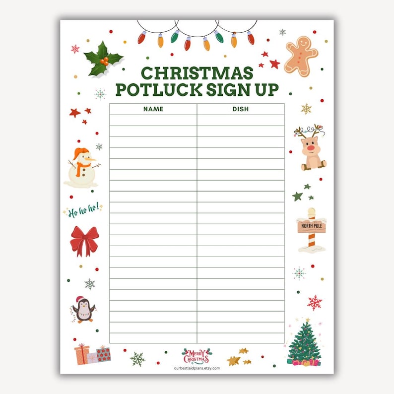 Christmas Potluck Sign up Sheet Printable, Christmas Potluck Sign up ...