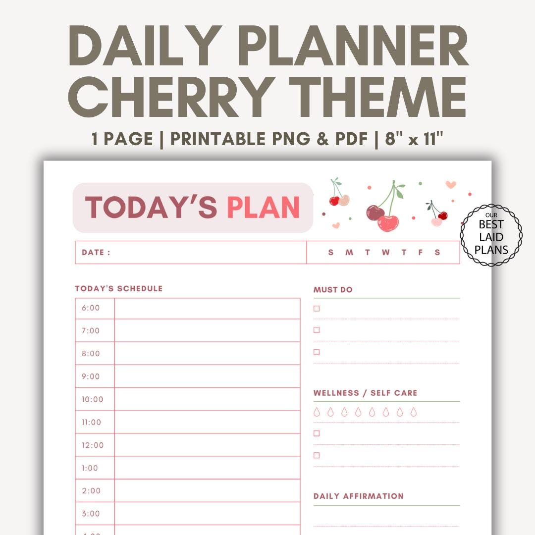 Cherry Theme Planner Printable, Cherry Daily Planner Template, Daily ...