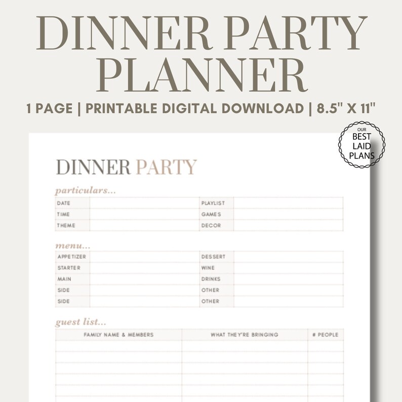 Dinner Party Planner Sheet Printable PDF, Digital Planner Page, Dinner ...