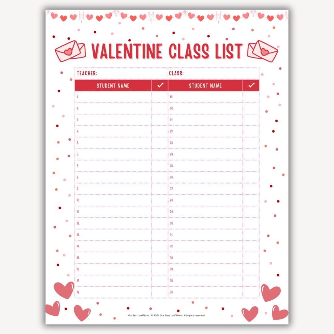Valentines Class List Printable PDF, Valentines Card List, Valentines ...