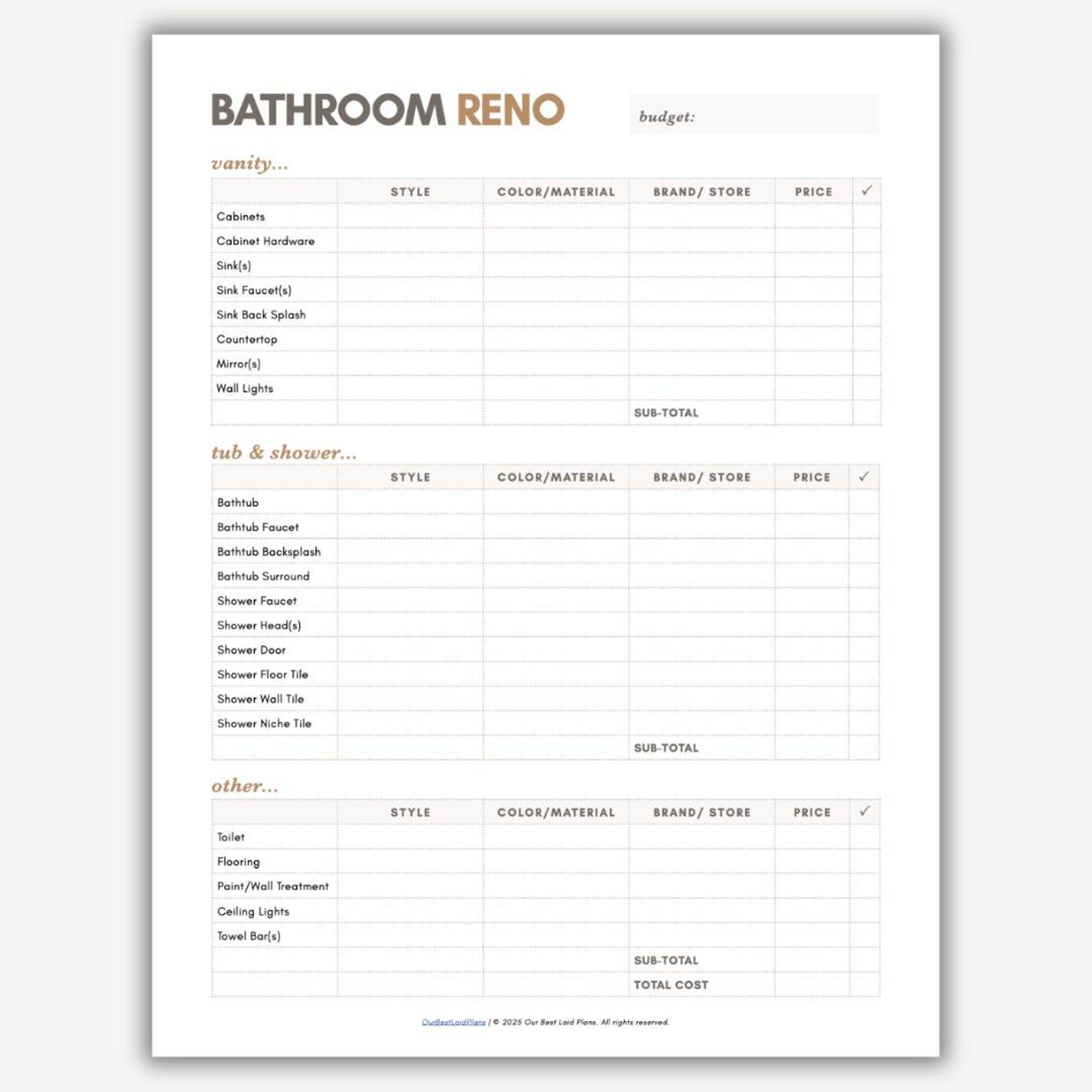 Bathroom Renovation Planner Printable PDF Google Sheets Editable ...