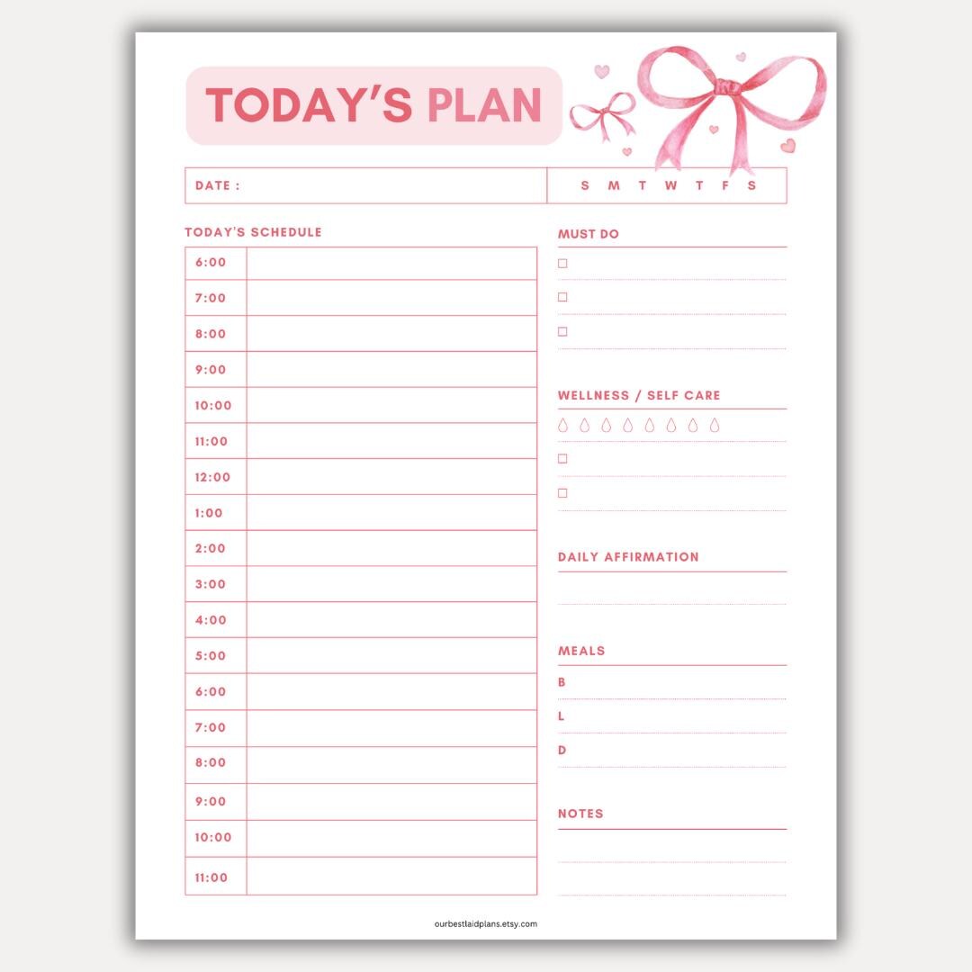 Cute Coquette Bow Daily Planner Printable, Pink Bow Planner, Coquette ...