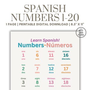 Spanish Numbers Printable Numbers 1-20 in Spanish English to Spanish ...