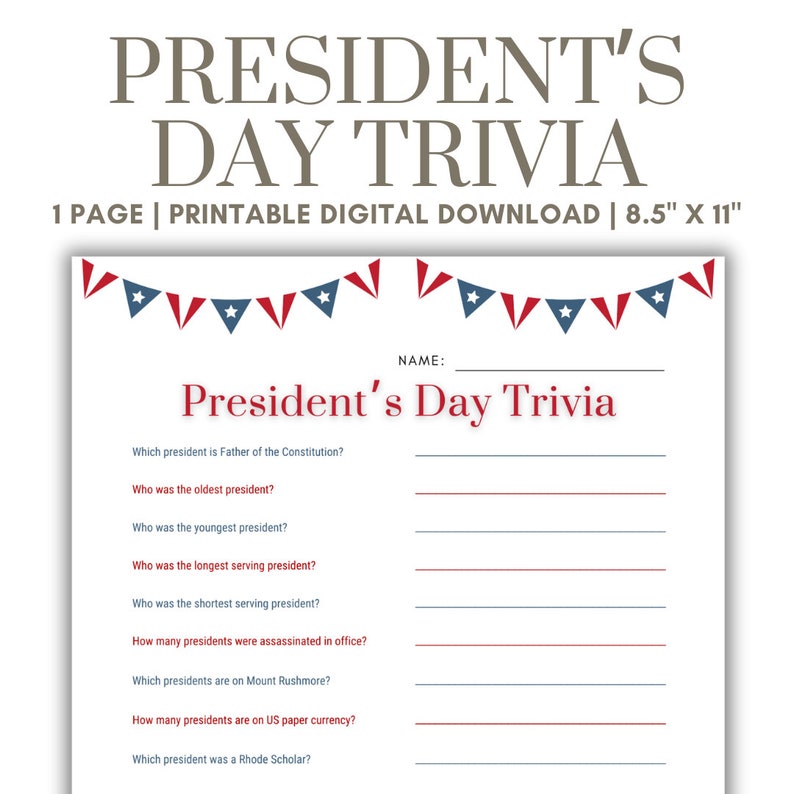 Presidents Day Trivia Questions Printable US Presidents Day Quiz ...