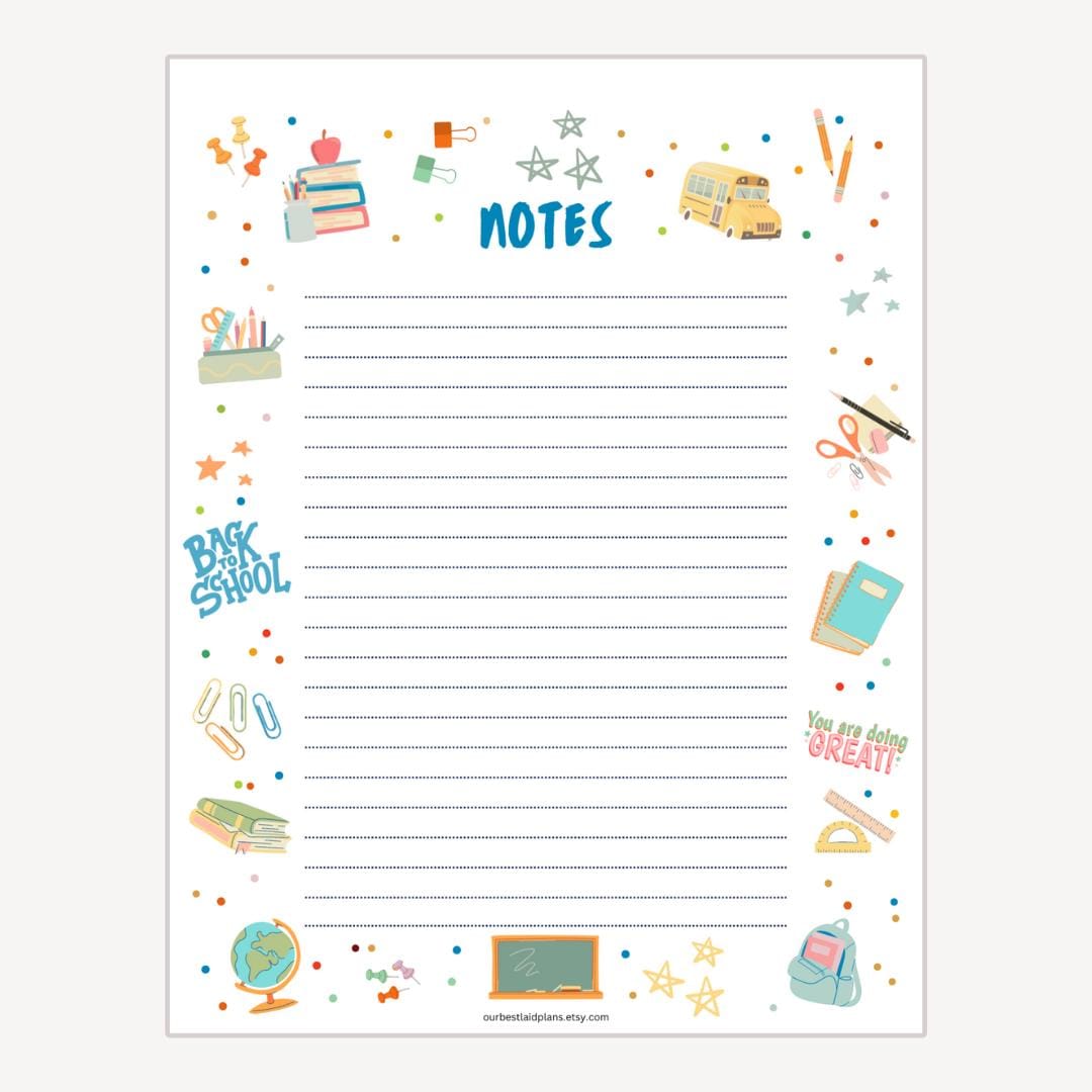 Back to School Note Page Printable, Back to School Printable, Teacher ...