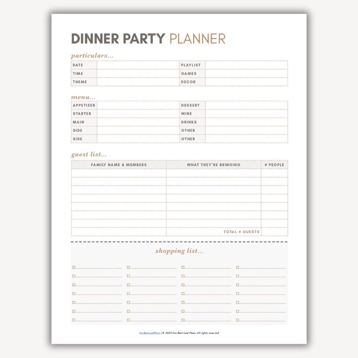 Dinner Party Planner Sheet Printable PDF Dinner Party Menu Planning ...