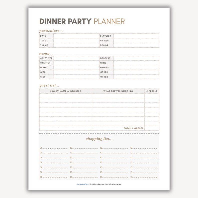 Dinner Party Planner Sheet Printable PDF Dinner Party Menu Planning ...