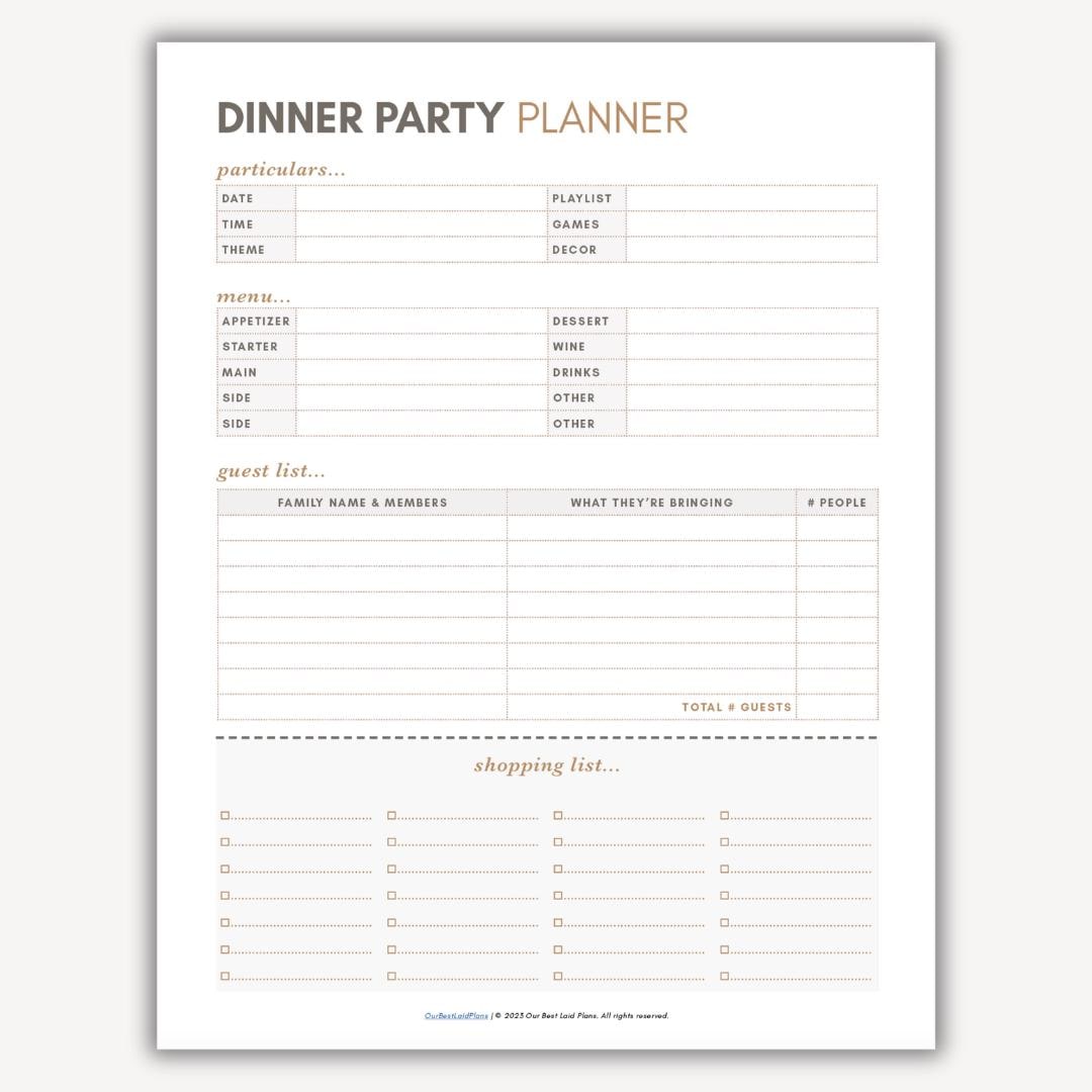 Dinner Party Planner Sheet Printable PDF Dinner Party Menu Planning ...