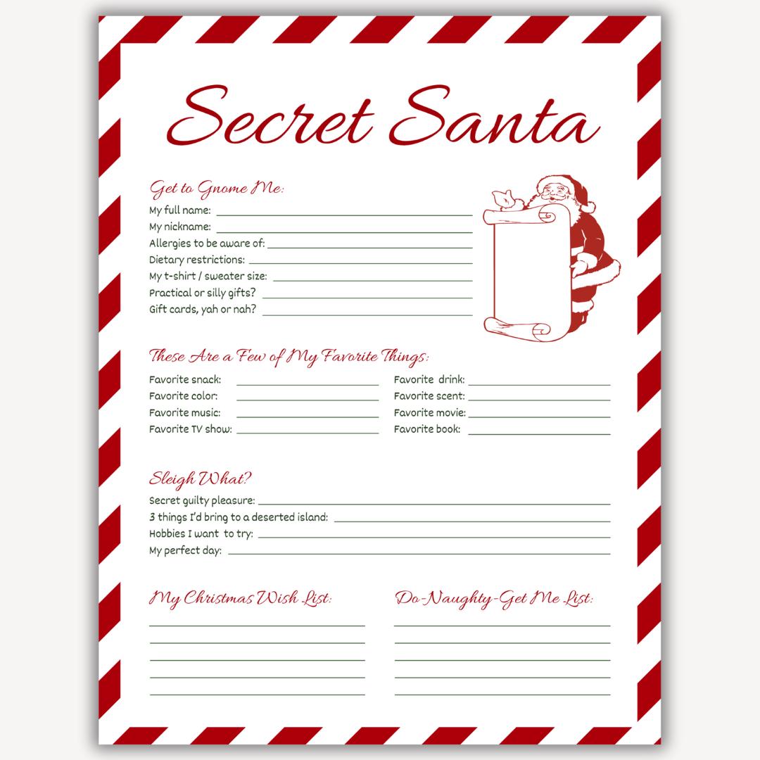 Secret Santa Template PNG, Mystery Santa Questionnaire Printable, White ...