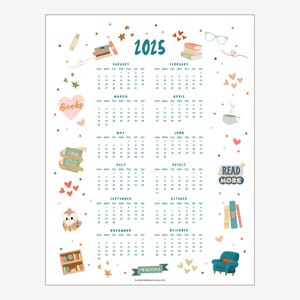2025 at a Glance Calendar Printable Cute 2025 Calendars Book Lover ...