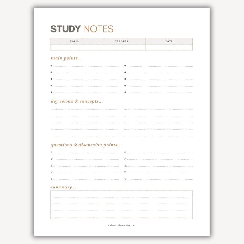 Study Notes Printable Note Taking Template PDF Digital Download Study ...