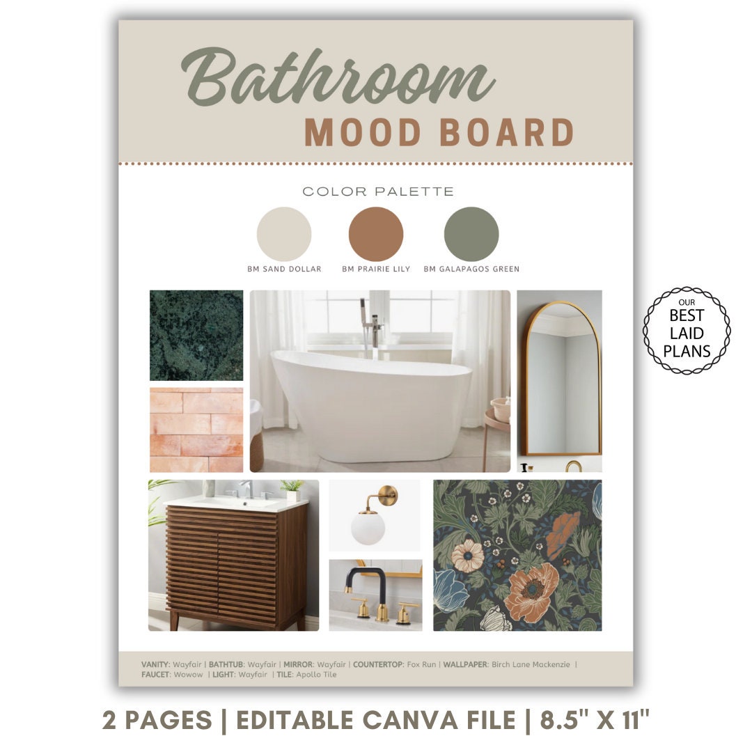 Bathroom Remodel Inspiration Design Mood Board Template, Editable Canva ...