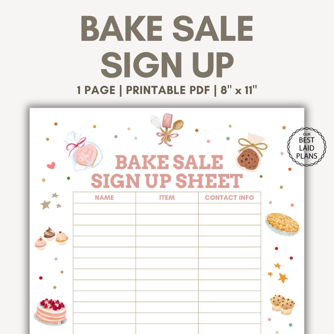 Bake Sale Sign up Sheet Printable, Bake Sale Fundraiser Sign up Sheet ...