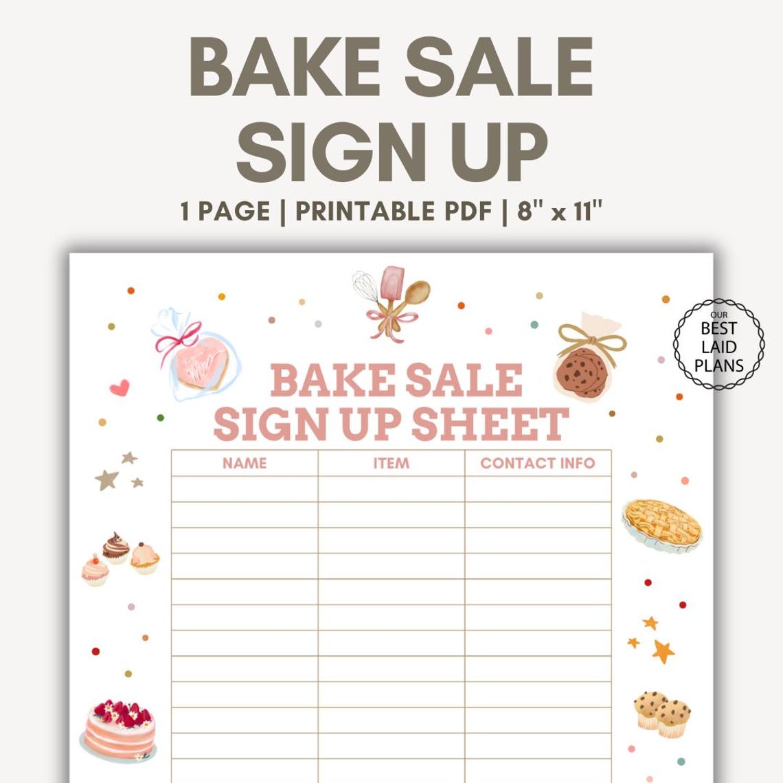 Bake Sale Sign up Sheet Printable, Bake Sale Fundraiser Sign up Sheet ...