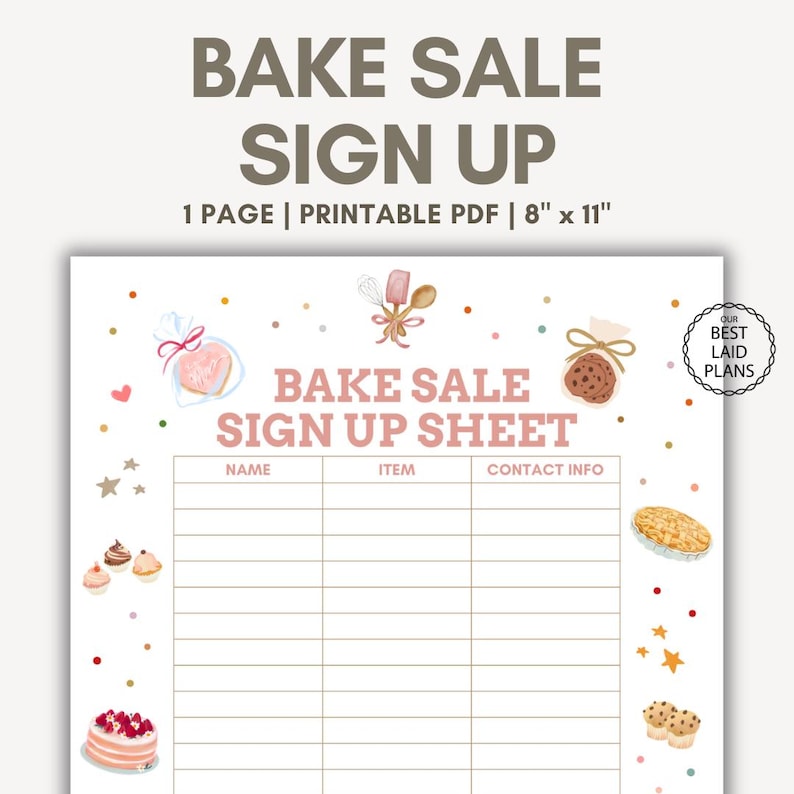 Bake Sale Sign up Sheet Printable, Bake Sale Fundraiser Sign up Sheet ...