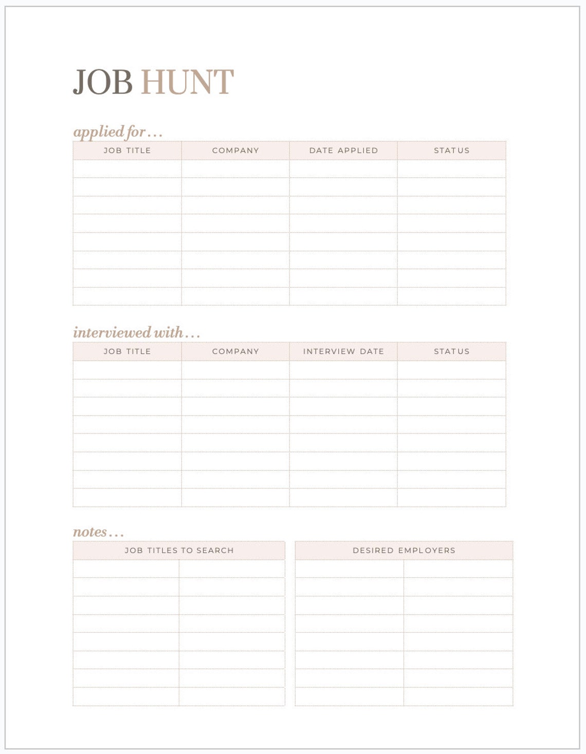 Job Search Tracker Google Docs Editable Printable First Job Planner Job ...