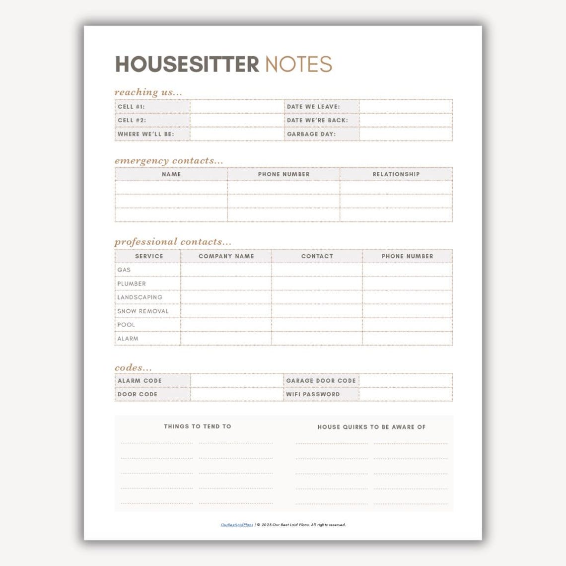 House Sitter Instructions House Sitter Checklist Printable Template ...