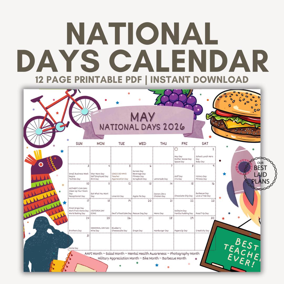 May National Days Calendar (includes All 12 Months), Calendar of ...