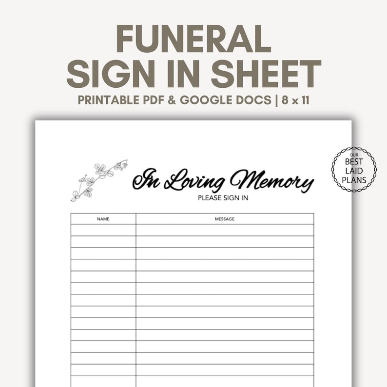 Funeral Sign in Sheet Google Docs and PDF, Funeral Guest Sign in ...