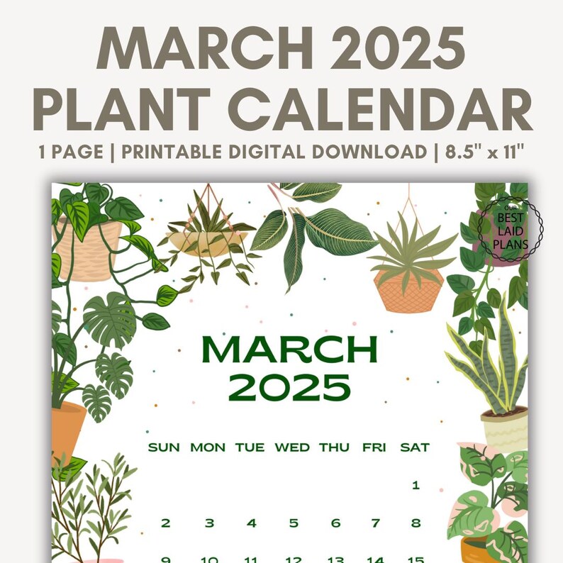 March 2025 Calendar Printable PDF Monthly March 2025 Calendar Plant ...