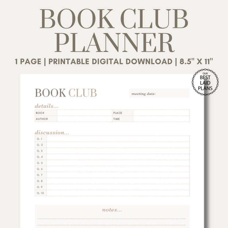 Book Club Meeting Planner One Page Planning Page Printable PDF Book ...