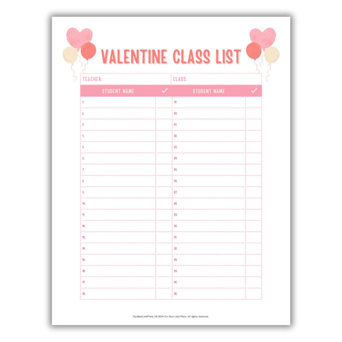 Valentines Class List Printable PDF, Valentines Card List, Valentines ...