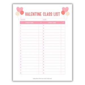 Valentines Class List Printable PDF, Valentines Card List, Valentines ...
